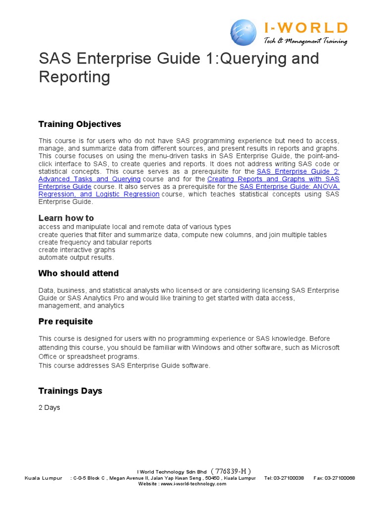 Introduction To Querying And Reporting With Sas Enterprise Guide An Overview Of The Key