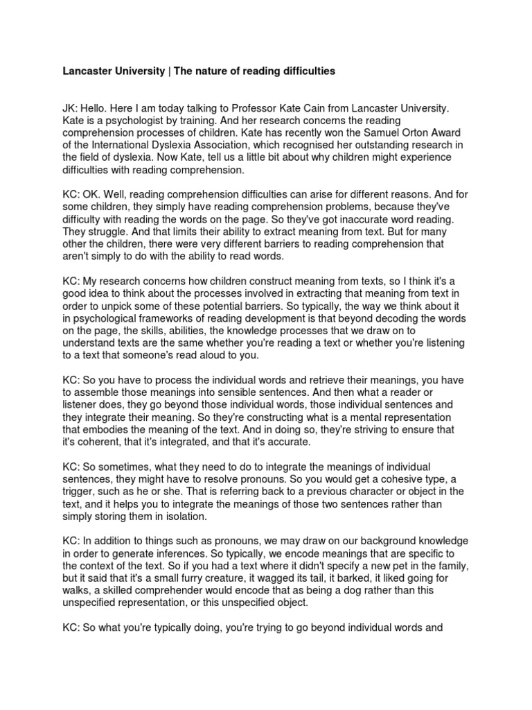 The Nature of Reading Difficulties PDF | PDF | Reading Comprehension ...