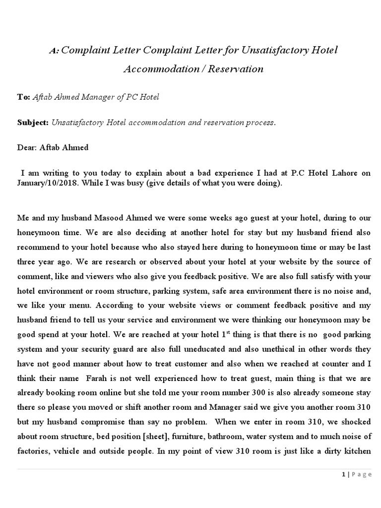 22 Complaint Letter Complaint Letter For Unsatisfactory Hotel ...