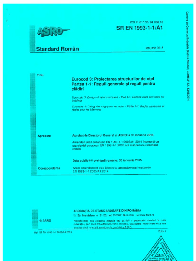 SR EN 1993-1-1 A1 Eurocod 3-Proiectarea Structurilor de Otel - Partea 1-1 Reguli Generale Si ...