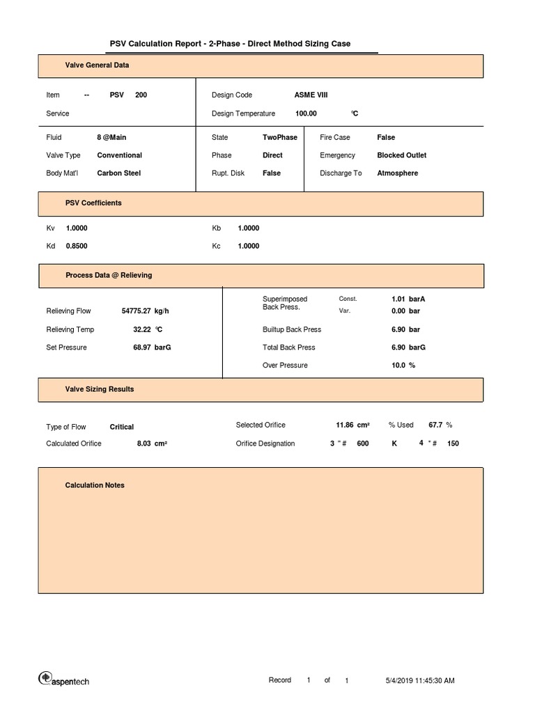 PSV Calculation Report - 2-Phase - Direct Method Sizing Case | PDF