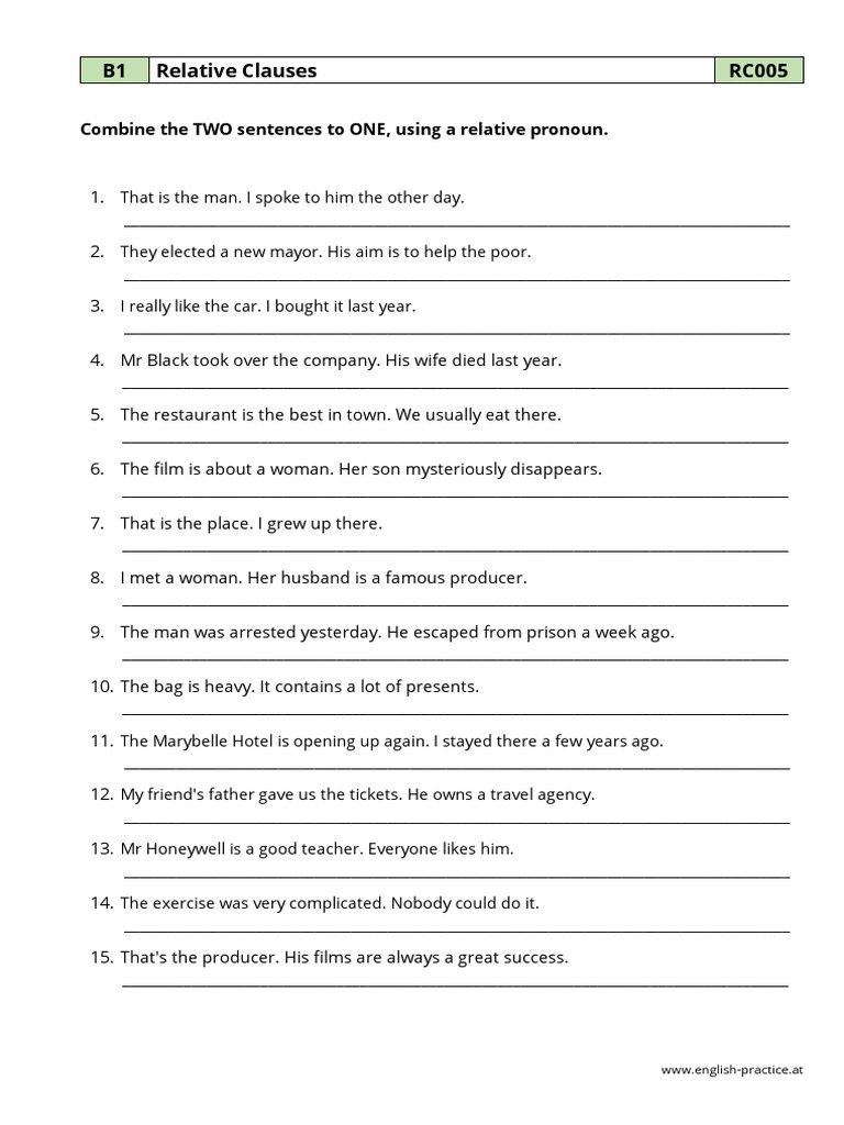 B1 Relative Clauses RC005: Combine The TWO Sentences To ONE, Using A Relative Pronoun | PDF ...