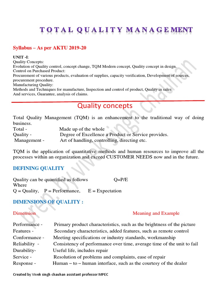 Total Quality Management Unit 1 | PDF | Quality (Business) | Quality ...
