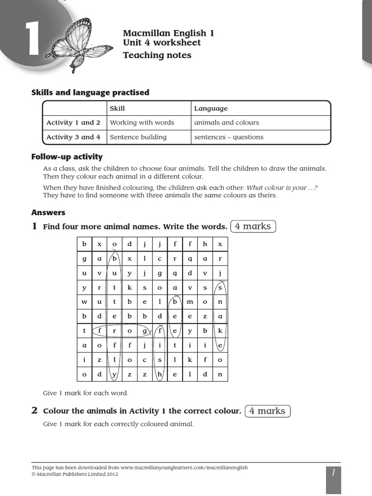 Macmillan English 1 Unit 4 Worksheet Teaching Notes: Find Four More ...