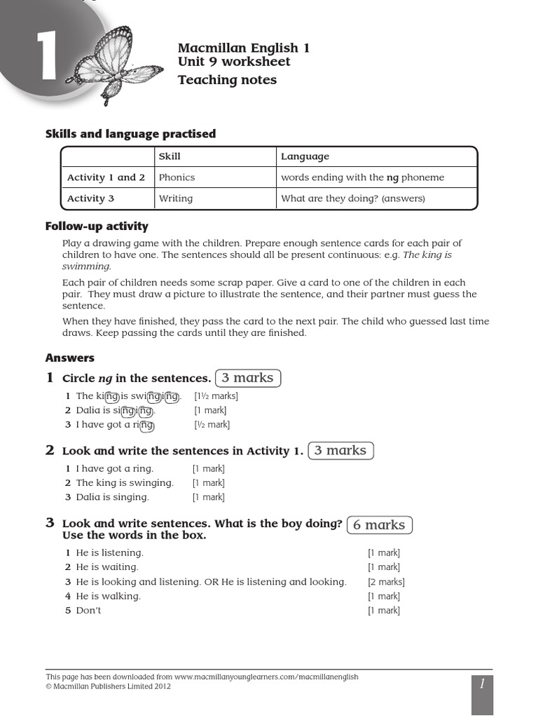 Macmillan English 1 Unit 9 Worksheet Teaching Notes: 3 Marks | PDF