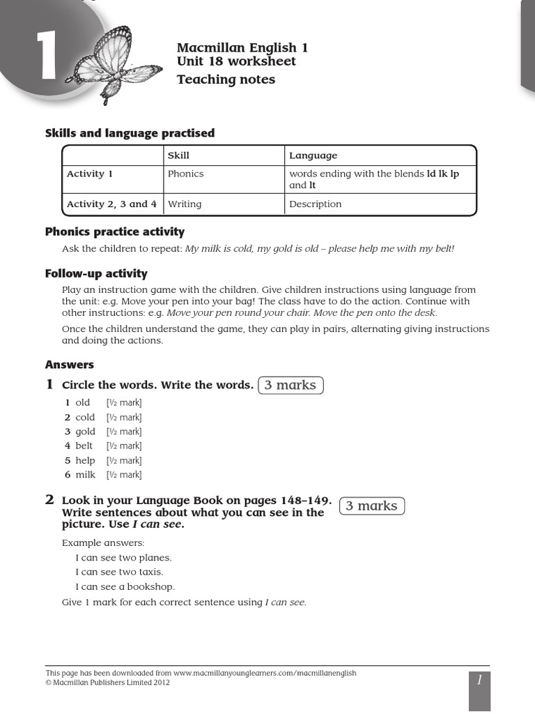 Macmillan English 1 Unit 18 Worksheet Teaching Notes: 3 Marks | PDF ...