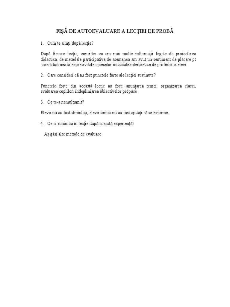 Fisa de Autoevaluare A Lectiei de Proba | PDF