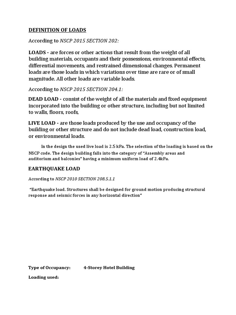 Definition of Loads: Type of Occupancy: 4-Storey Hotel Building Loading ...