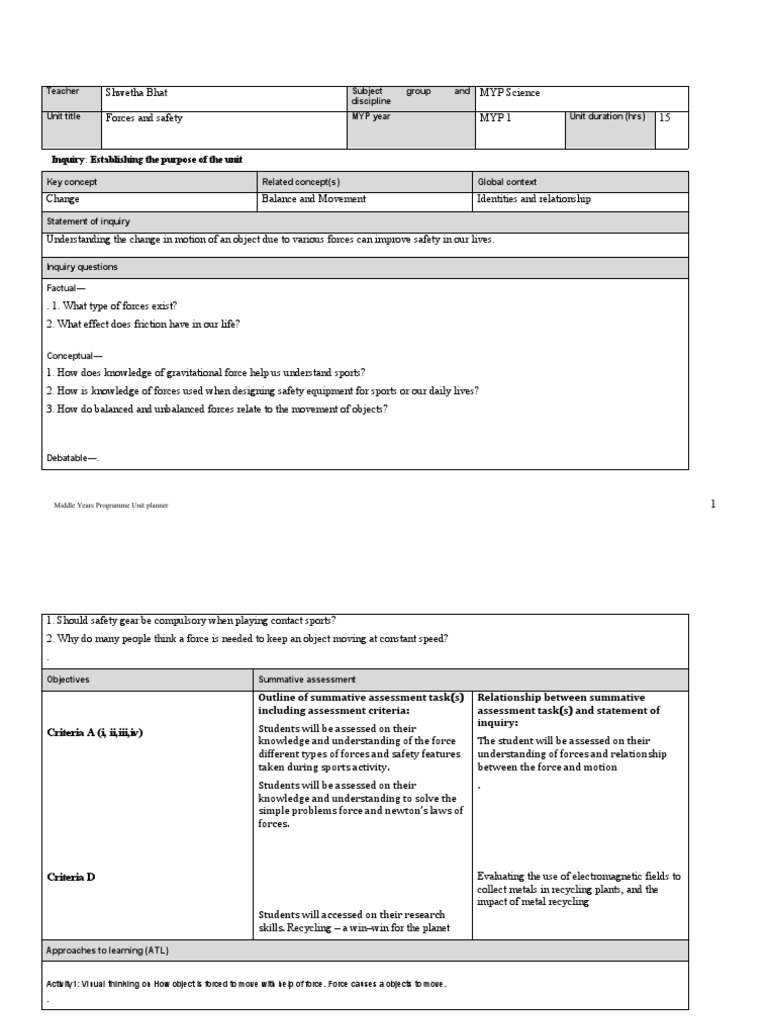 MYP1-Unit-Planner-Physics Unit 1 | PDF | Friction | Electrostatics