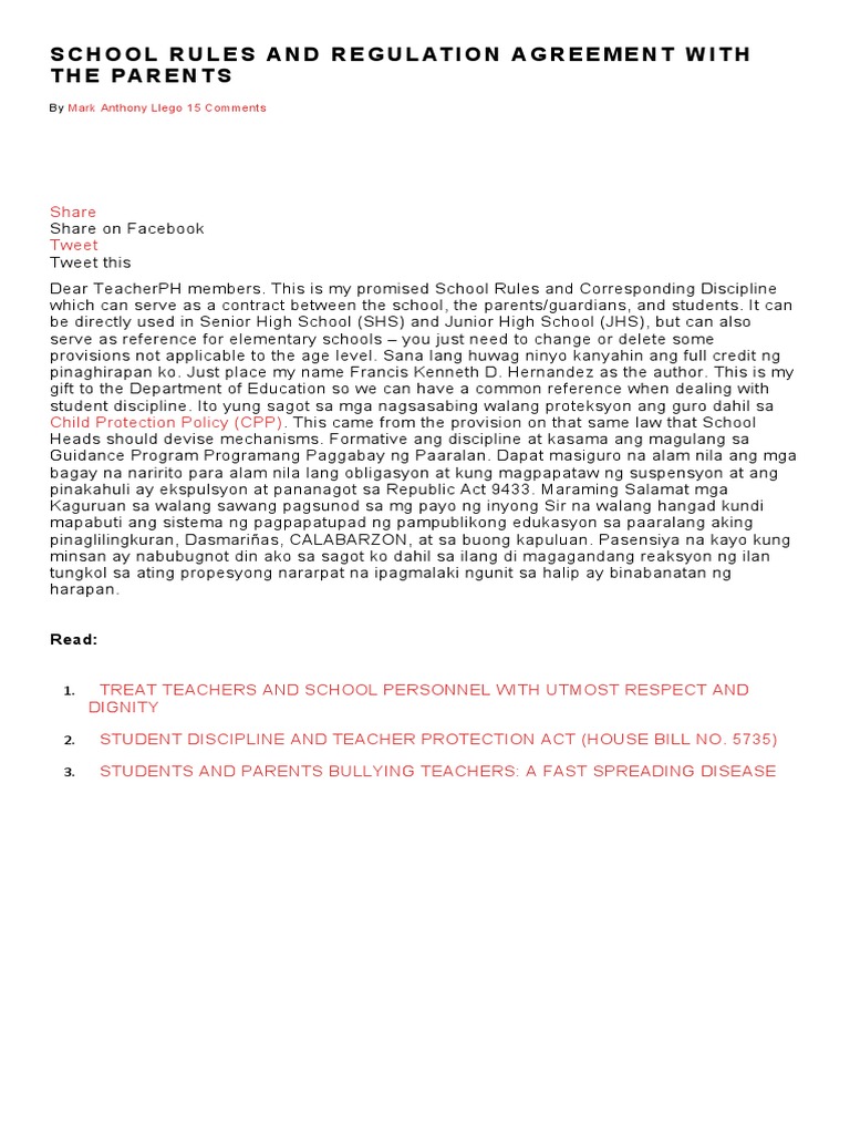 School Rules Agreement for Parents | PDF | Social Institutions | Social ...