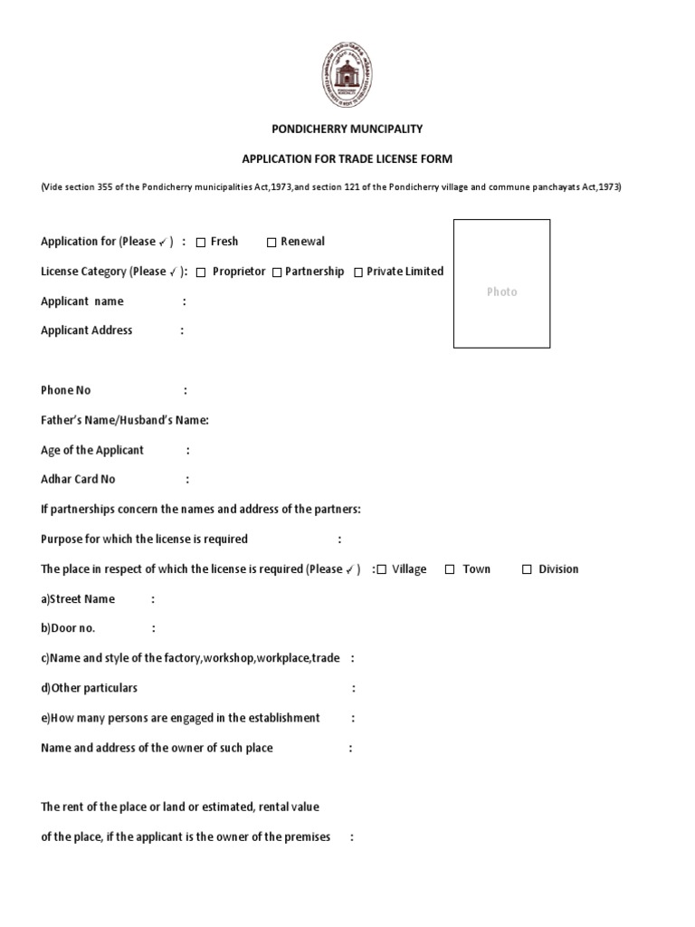 Pondicherry Trade License Application Form | PDF