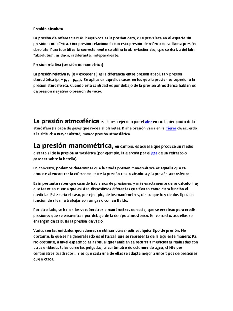 Definición y Medición de Presión Absoluta | PDF | Medida de presión ...