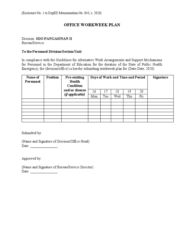 Office Workweek Plan: To The Personnel Division/Section/Unit | PDF