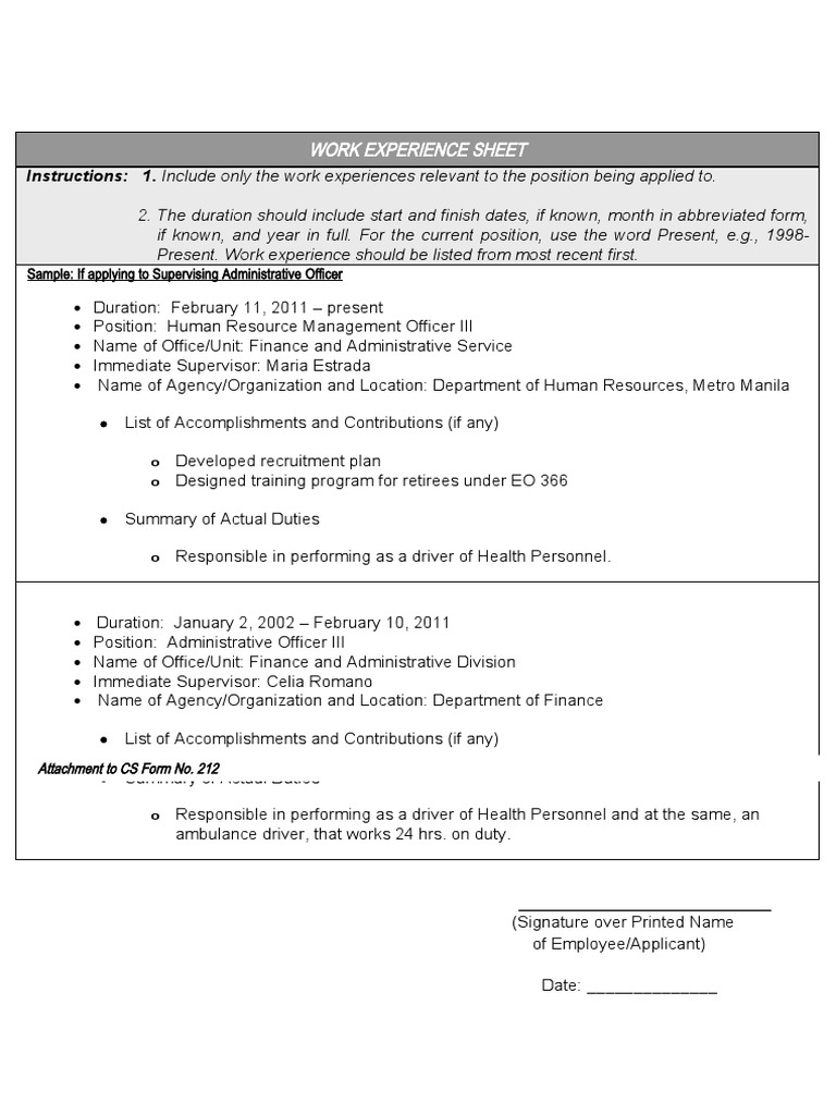 Work Experience Sheet: Instructions: 1. Include Only The Work ...