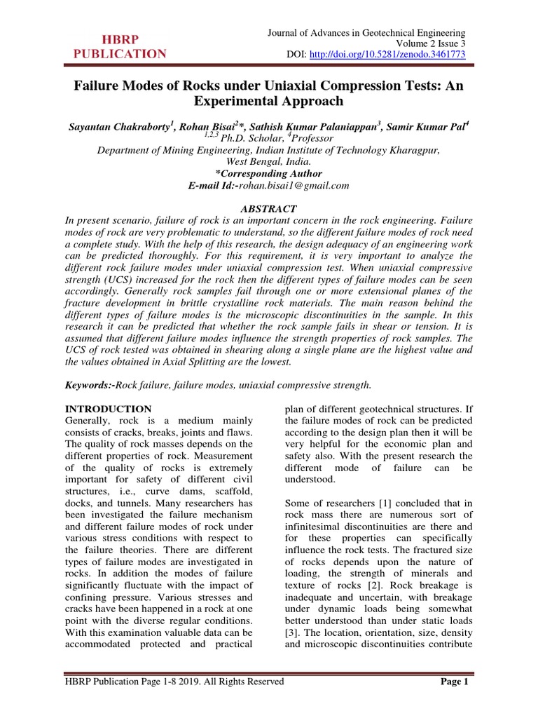 Failure Modes of Rocks Under Uniaxial Compression Tests - HBRP ...