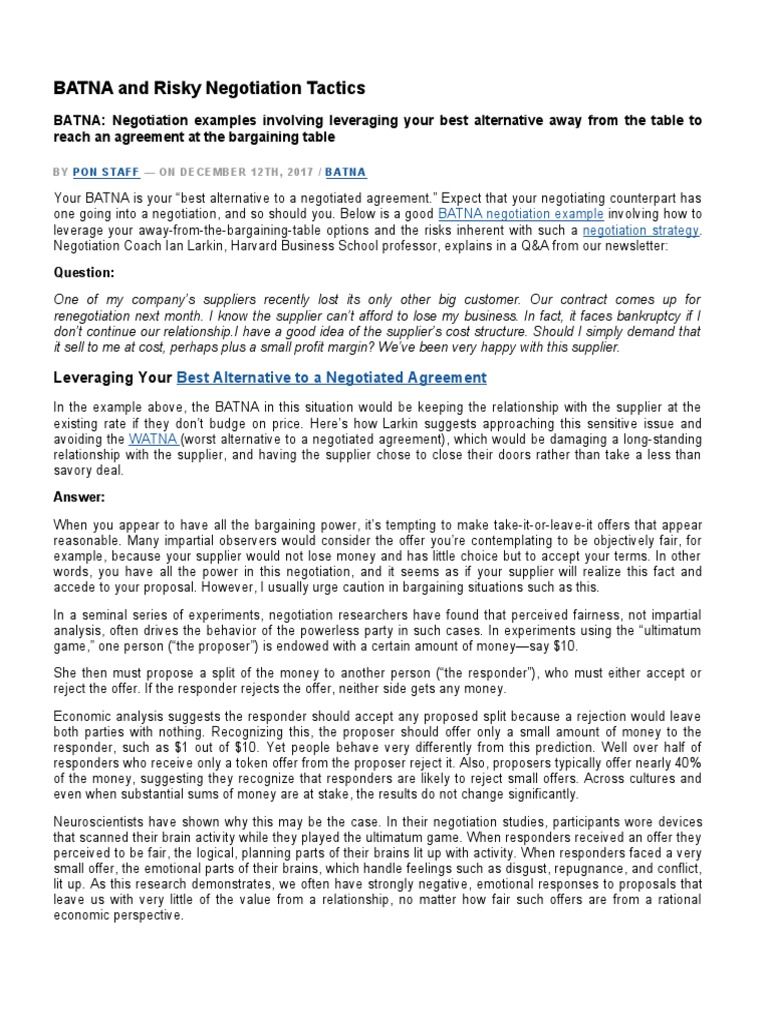 BATNA and Risky Negotiation Tactics: Best Alternative To A Negotiated ...