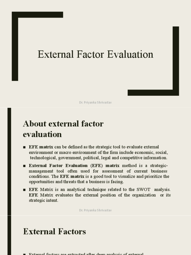 External Factor Evaluation: Dr. Priyanka Shrivastav | PDF | Weighted Arithmetic Mean | Swot Analysis