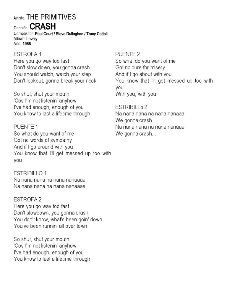 Crash Lyrics by The Primitives | PDF