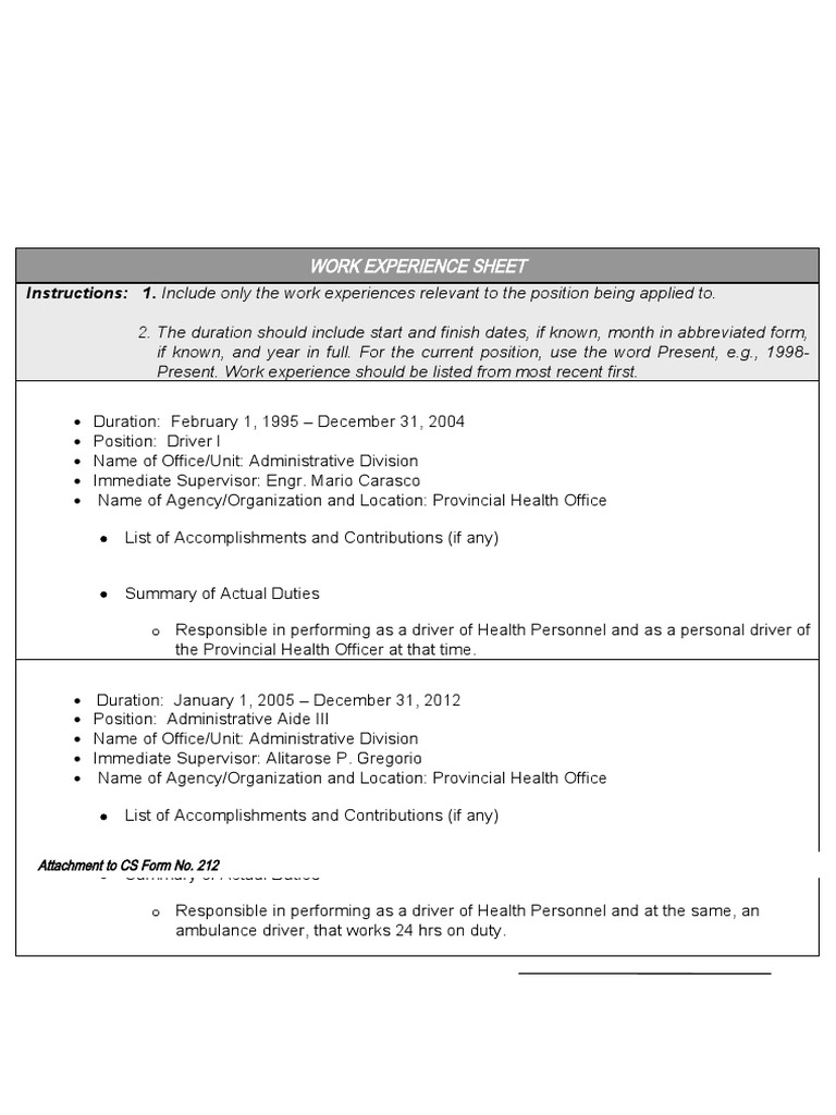 Work Experience Sheet: Instructions: 1. Include Only The Work Experiences Relevant To The ...