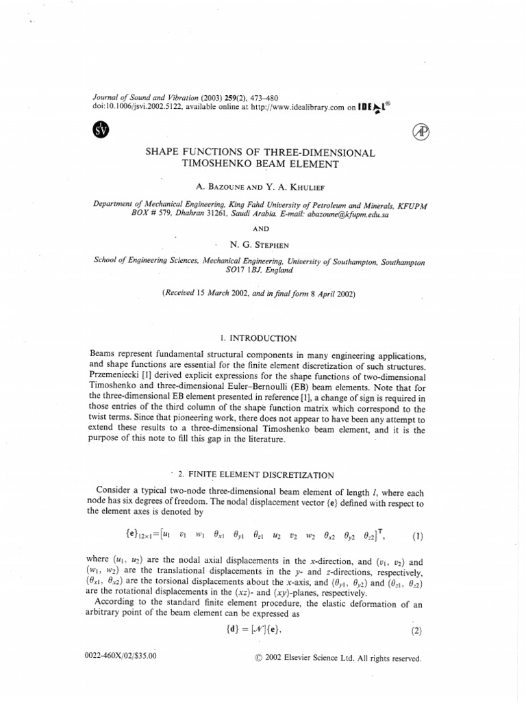 Timoshenko Beam Shape Function Matrix | PDF
