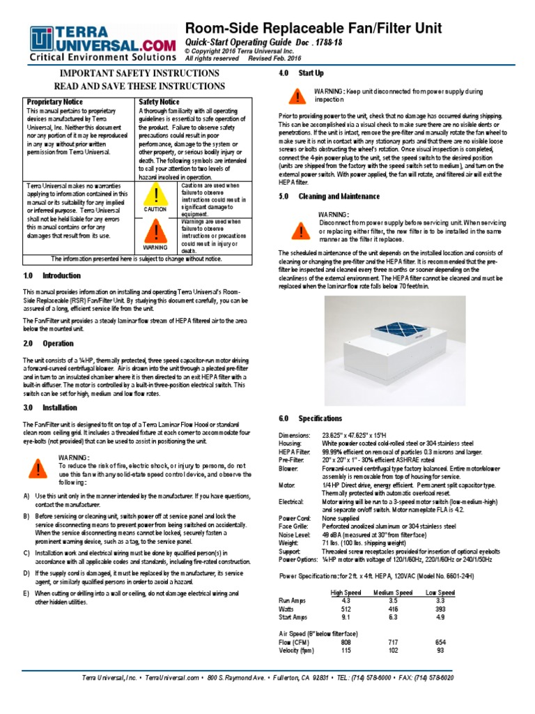 Room-Side Replaceable Fan/Filter Unit: Quick-Start Operating Guide ...
