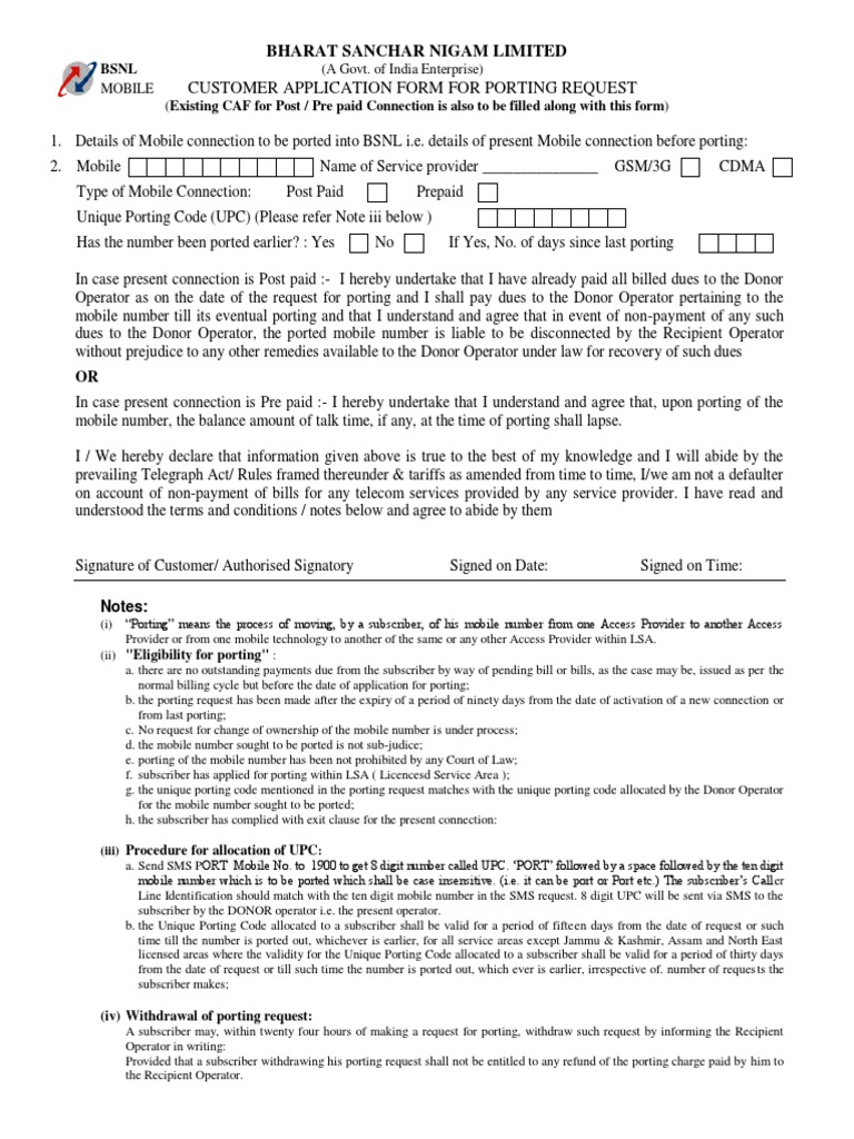 Customer Application Form For Porting Request: Bharat Sanchar Nigam ...