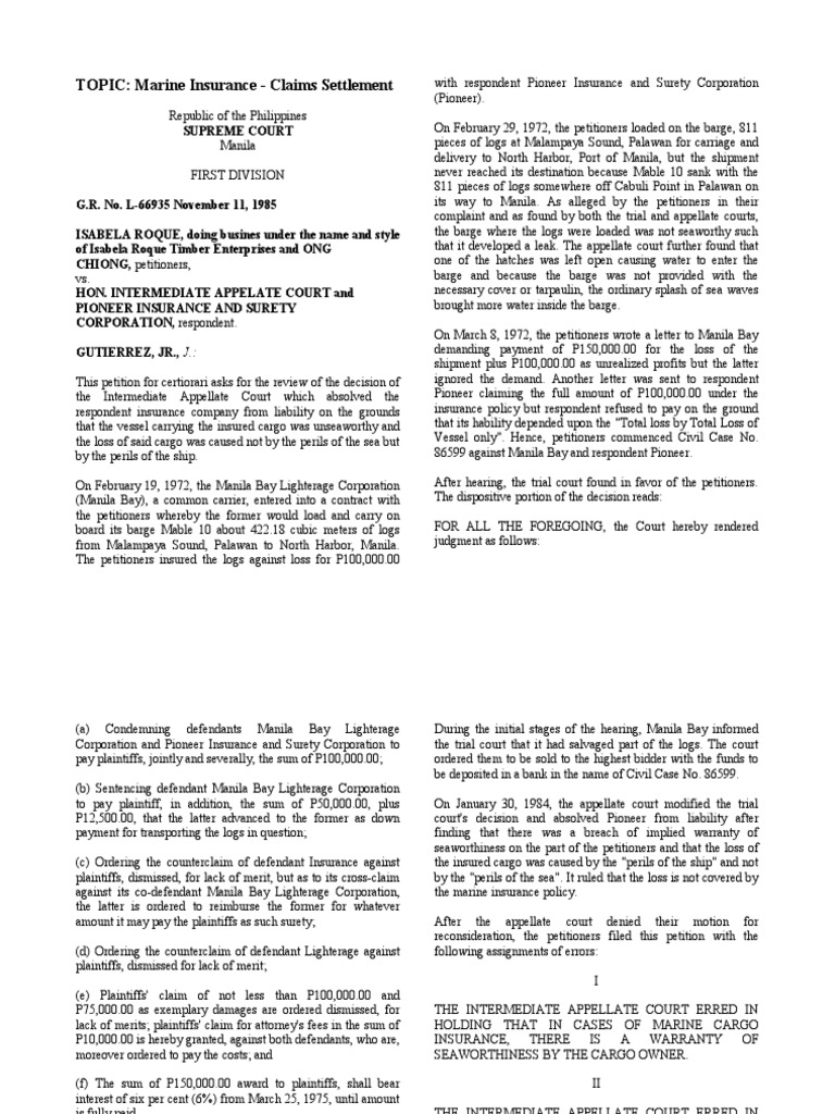 Marine Insurance Claims: Seaworthiness Issues | PDF | Common Law ...