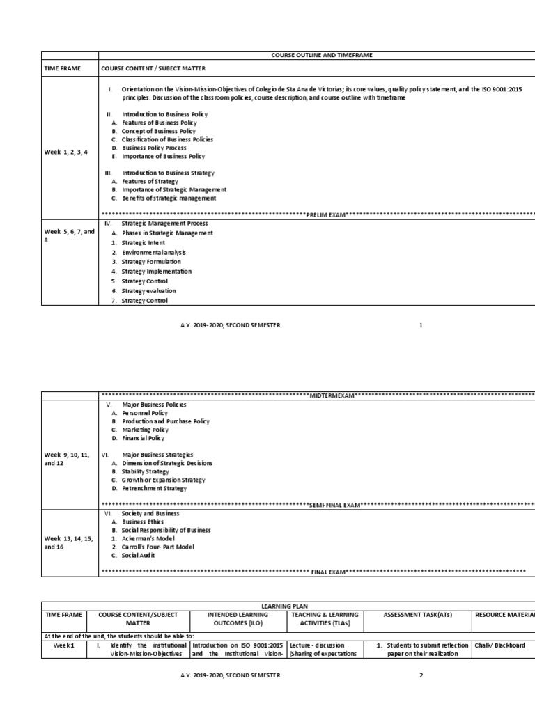 Business Policy and Strategy Course Outline | PDF | Strategic ...