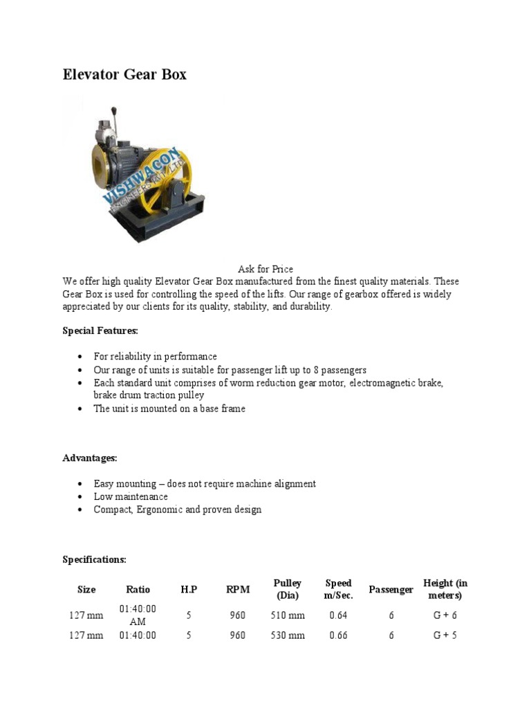 Elevator Gear Box: Special Features | PDF