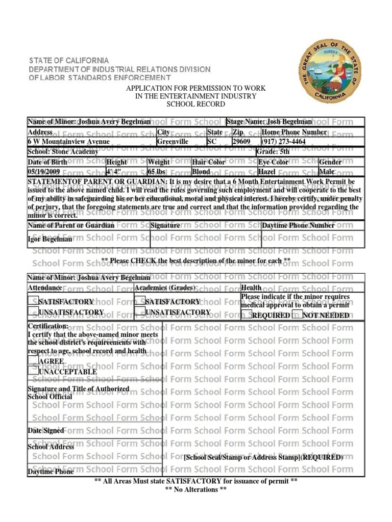 Application For Permission To Work in The Entertainment Industry School ...