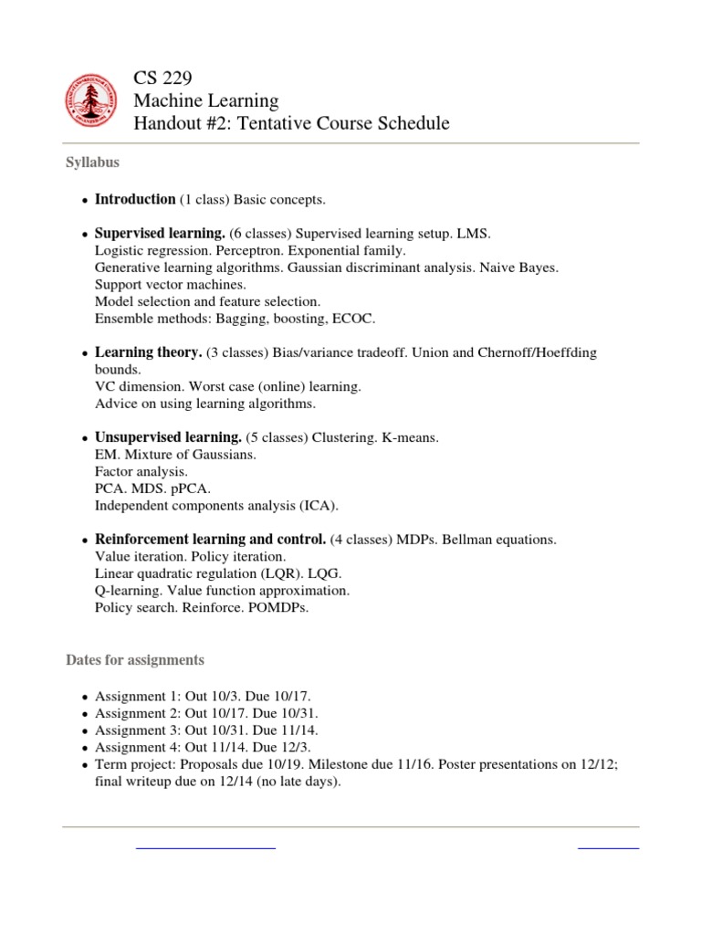 CS 229 Machine Learning Handout #2: Tentative Course Schedule | PDF