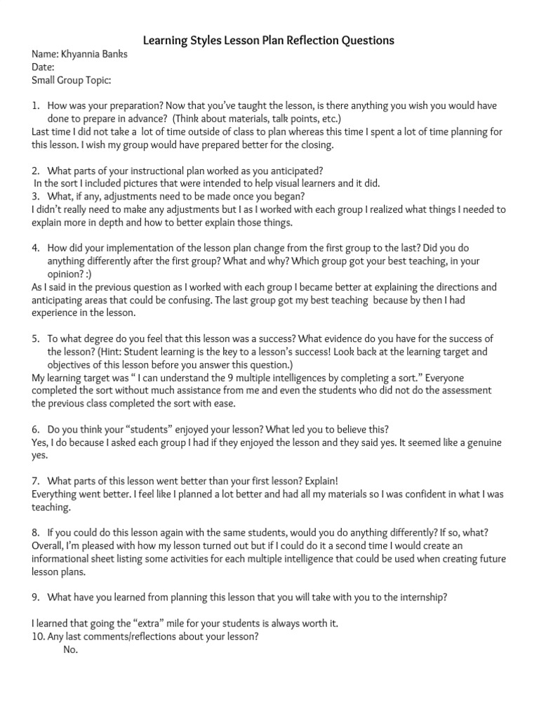 Reflection on Lesson Plan Styles | PDF | Lesson Plan | Learning Styles