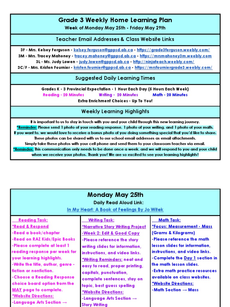 May 25 - May 29 - Grade 3 Weekly Home Learning Plan | PDF
