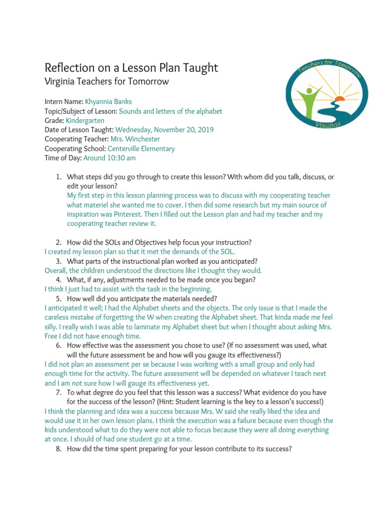 Reflection On A Lesson Plan Taught: Virginia Teachers For Tomorrow ...