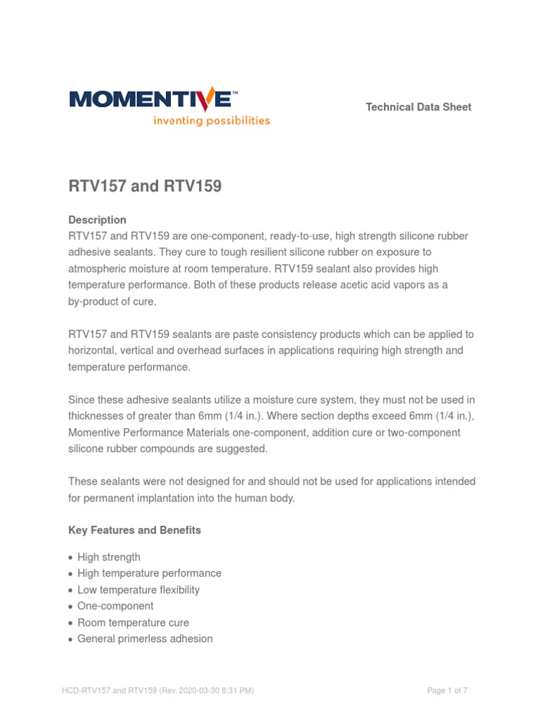 RTV157 and RTV159: Technical Data Sheet | PDF | Adhesive | Silicone