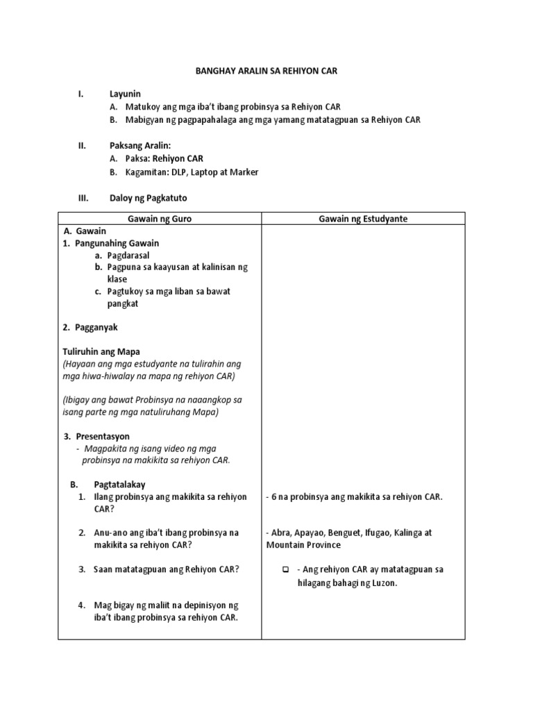 Lesson Plan Region CAR | PDF