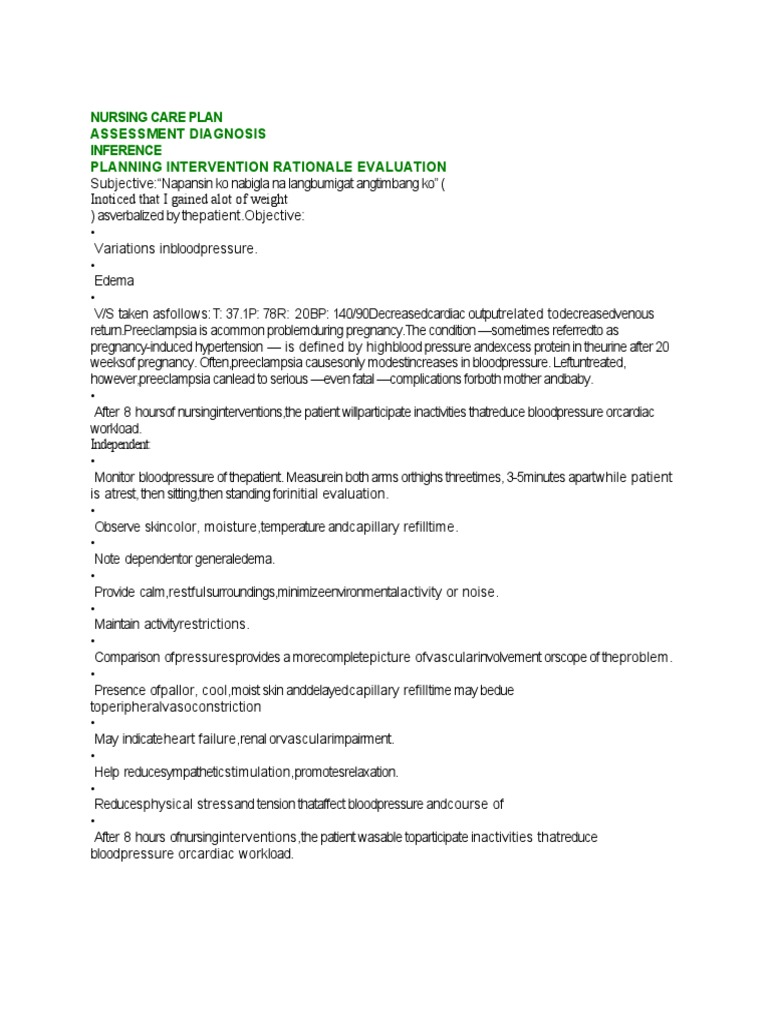 Nursing Care Plan Assessment Diagnosis Inference Planning Intervention Rationale Evaluation ...