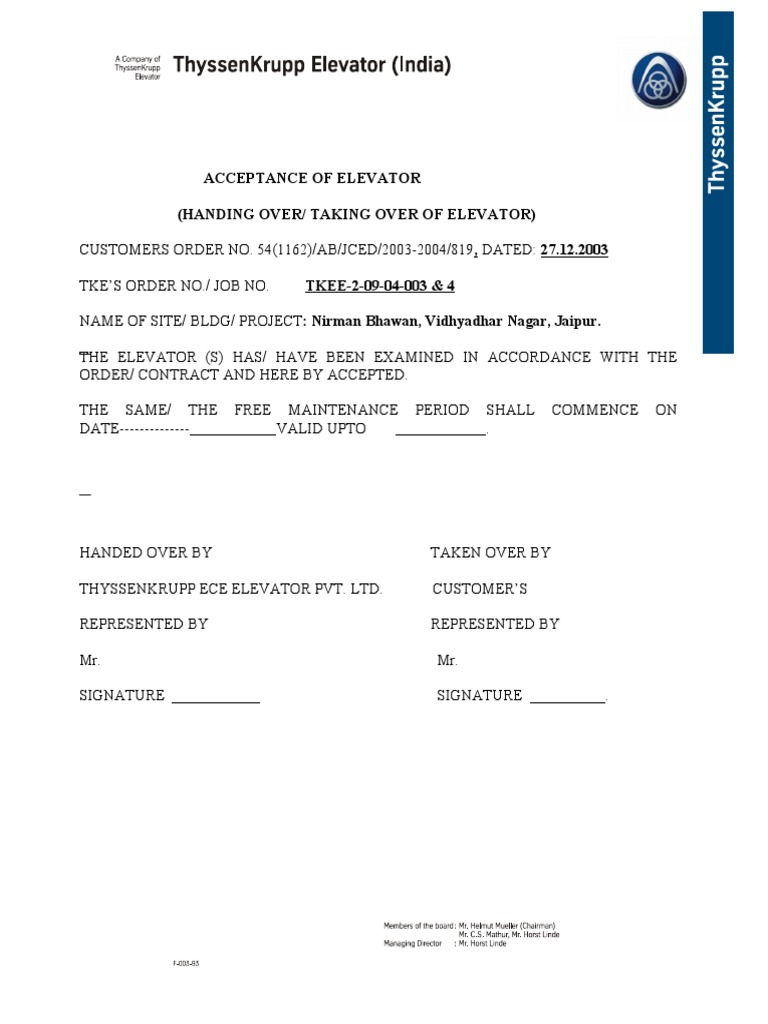 Acceptance of Elevator | PDF