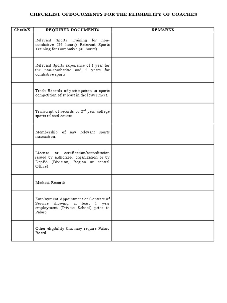 Checklist of Documents For The Eligibility of Coaches | PDF