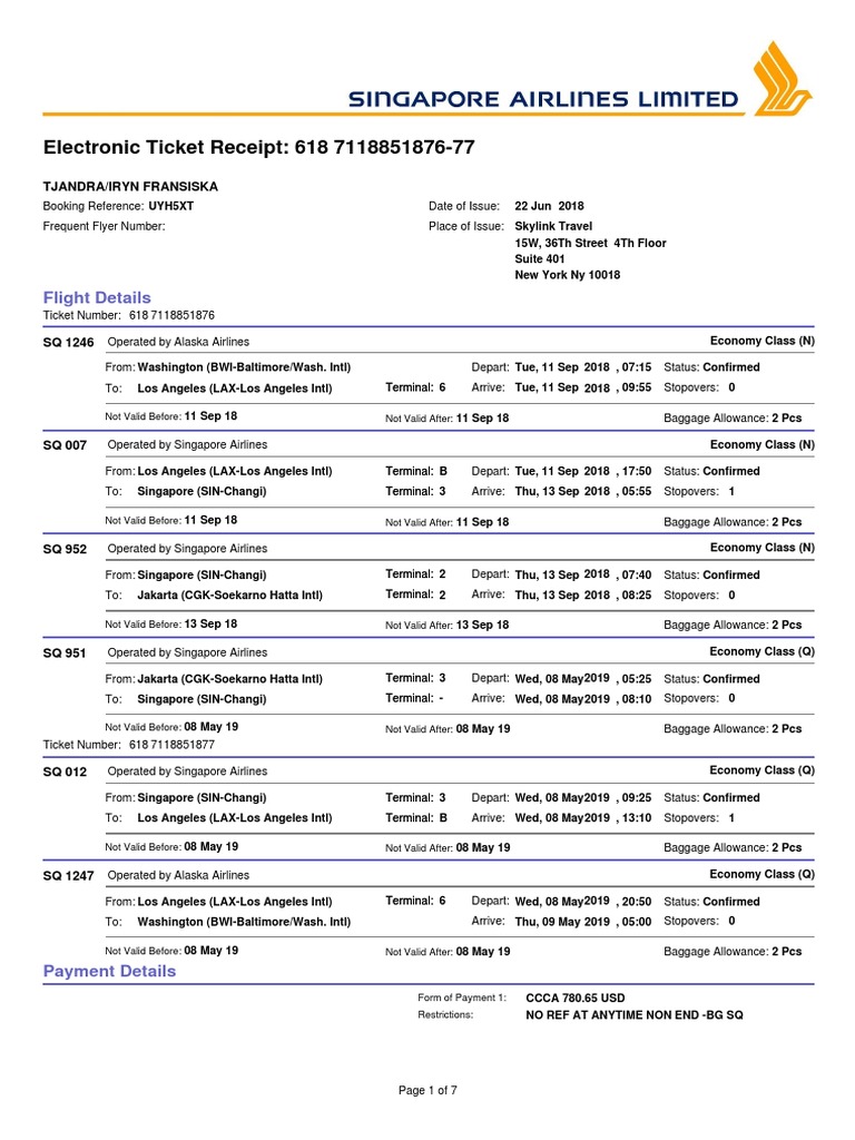 SIA E-Ticket - 618 7118851876 PDF | PDF | Airlines | Baggage