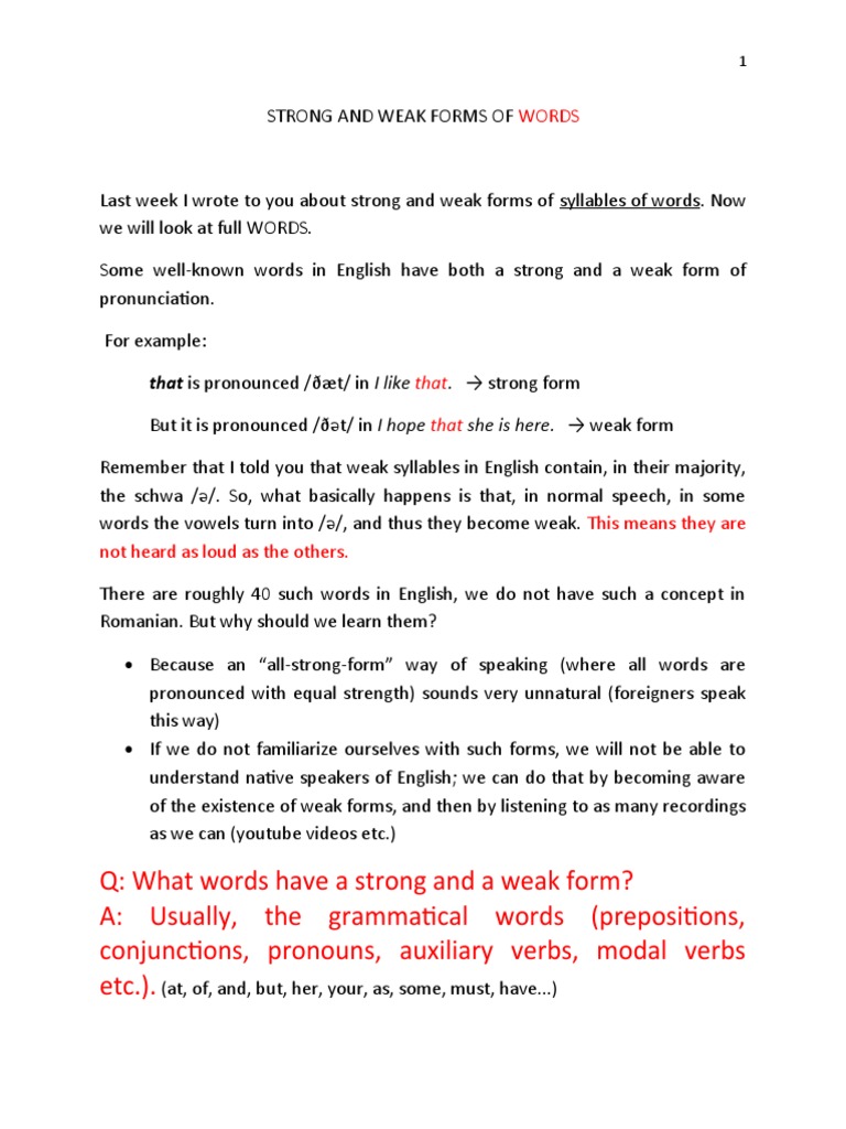 Strong and Weak Forms of Words | PDF | English Language | Linguistic ...