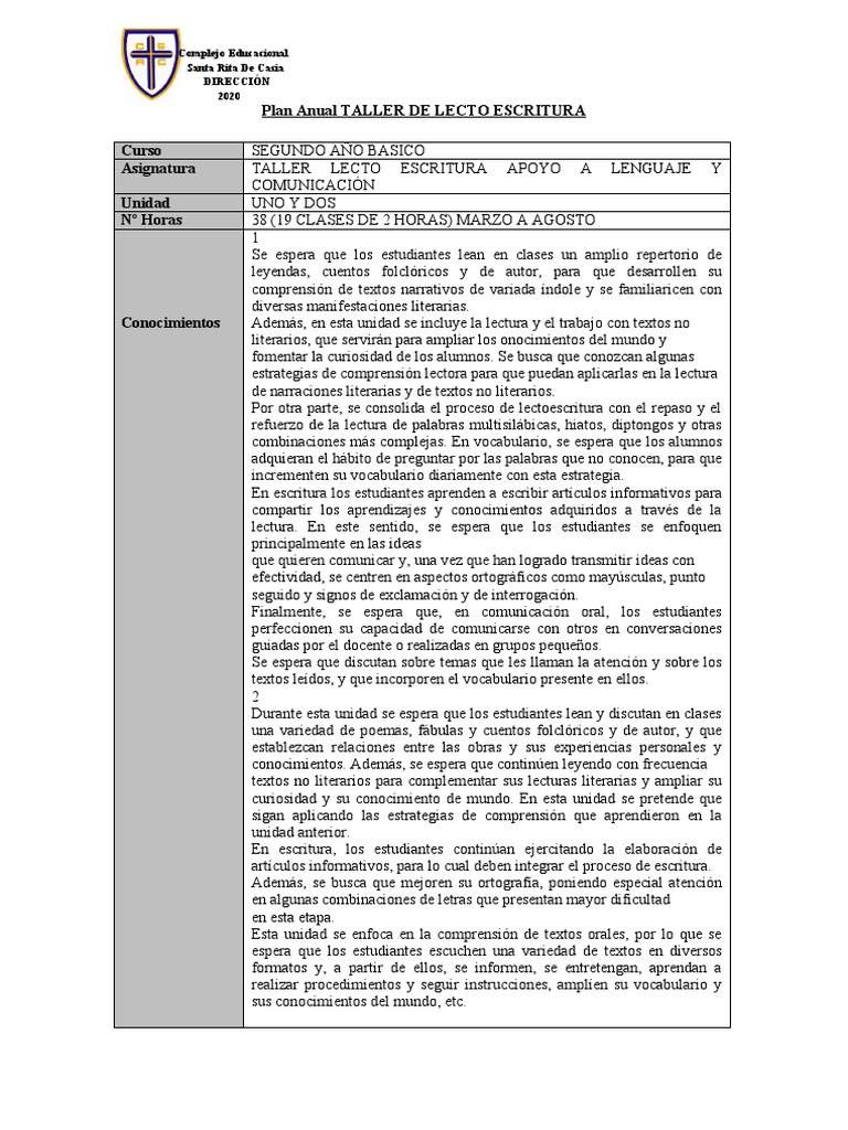 Plan Anual Taller de Lectoescritura | PDF | Comprensión lectora ...