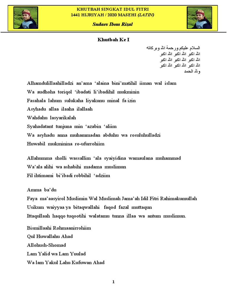 Khutbah Idul Fitri Singkat Dan Tulisan Latin (Sudars Ibnu Rizal) 1441 H Atau 2020 M | PDF