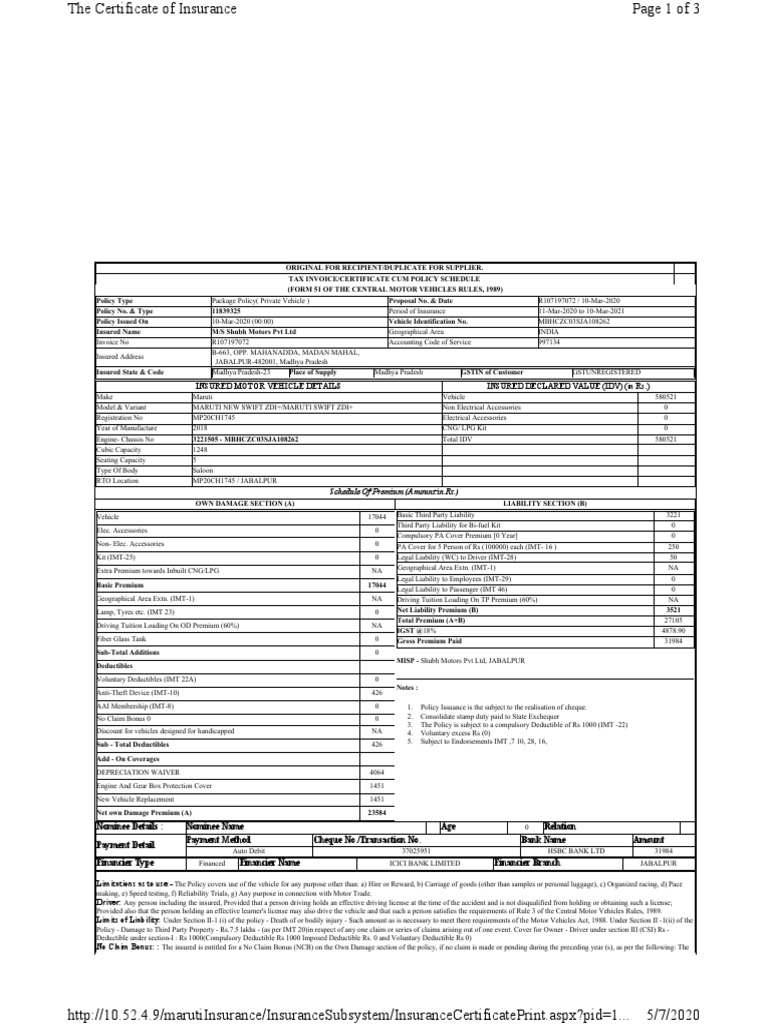 Insured Motor Vehicle Details Insured Declared Value (Idv) (In RS ...