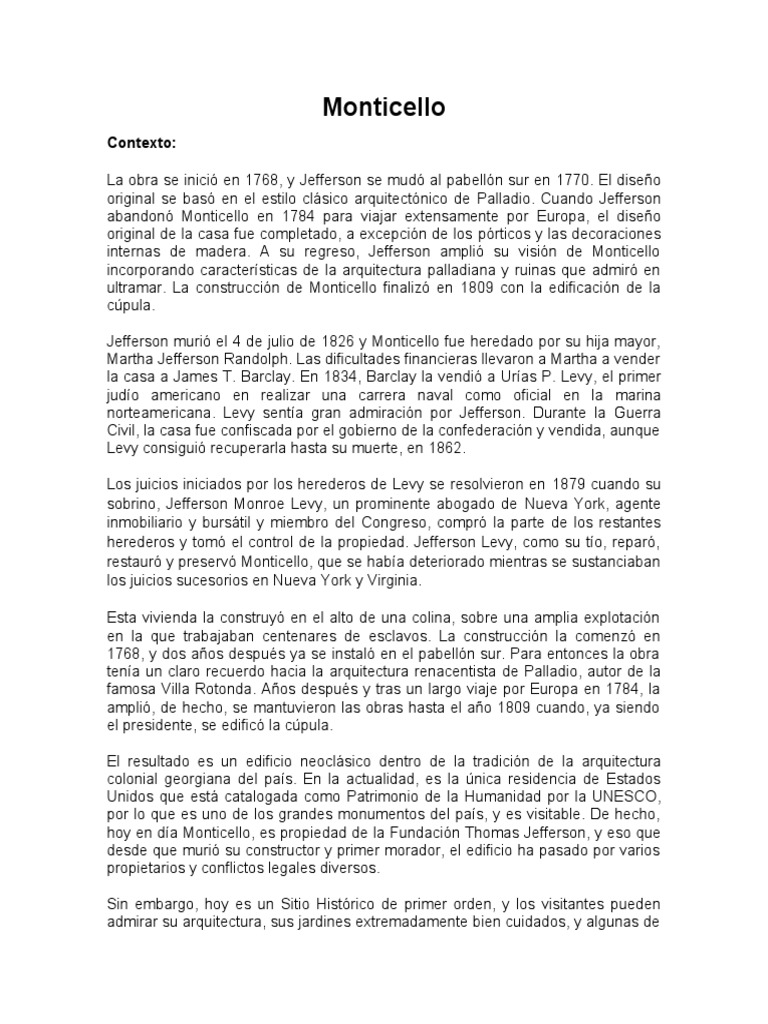 Historia y arquitectura de Monticello | PDF | Monticello | Naturaleza