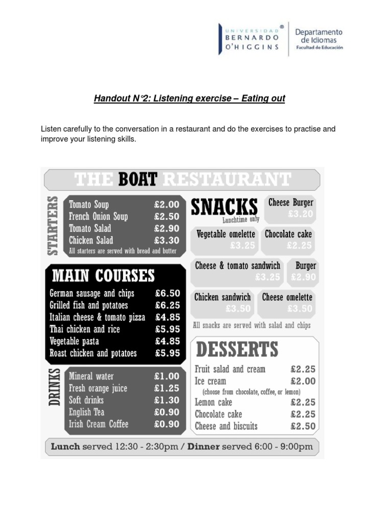 Handout N°2: Listening Exercise - Eating Out | PDF | Cooking, Food ...