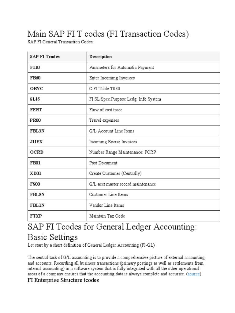 Main SAP FI Tcodes (FI Transaction Codes): A Comprehensive Guide to Key ...