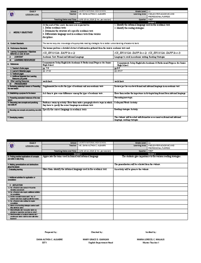 Daily Lesson Log: (CS - EN11/12A-EAPP Ia-C-2) (CS - EN11/12A - EAPP Ia ...