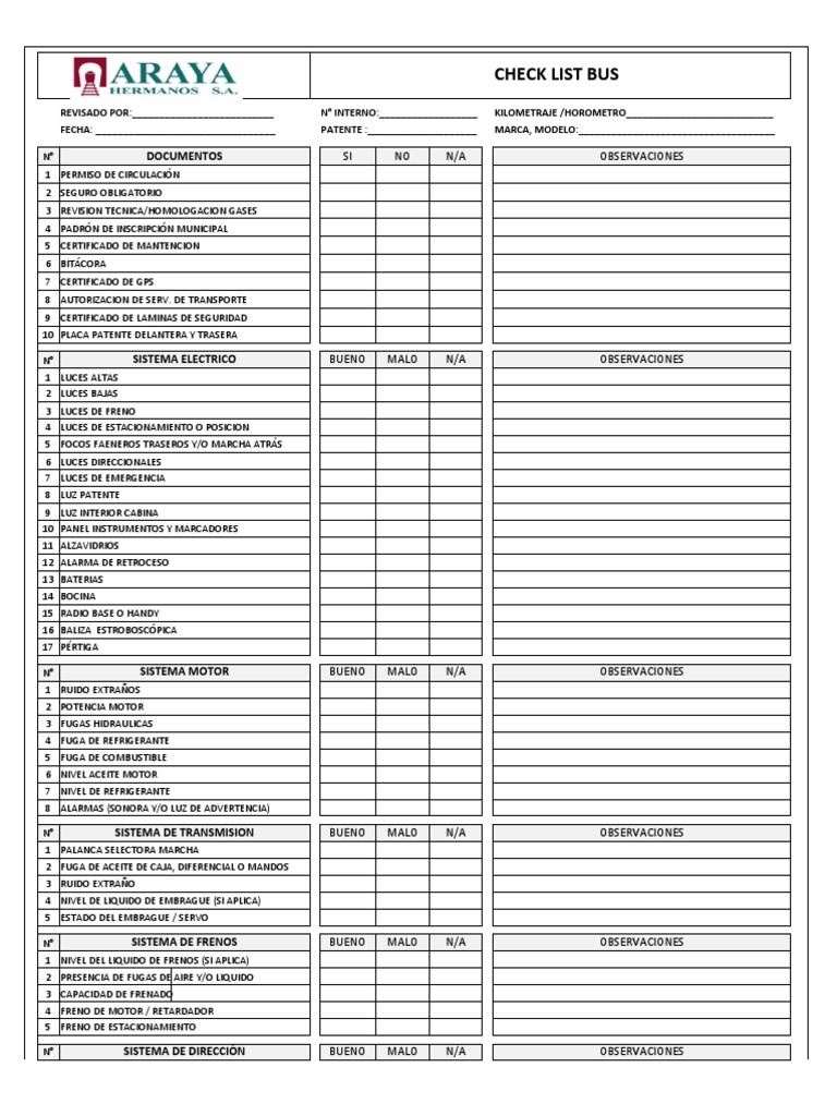 Check List Bus | PDF | Neumático | Partes de vehículo