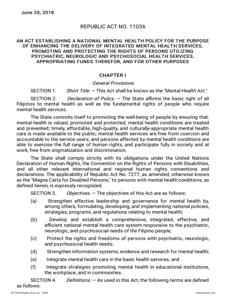 Mental Health Act - RA 11036 | PDF | Informed Consent | Mental Disorder